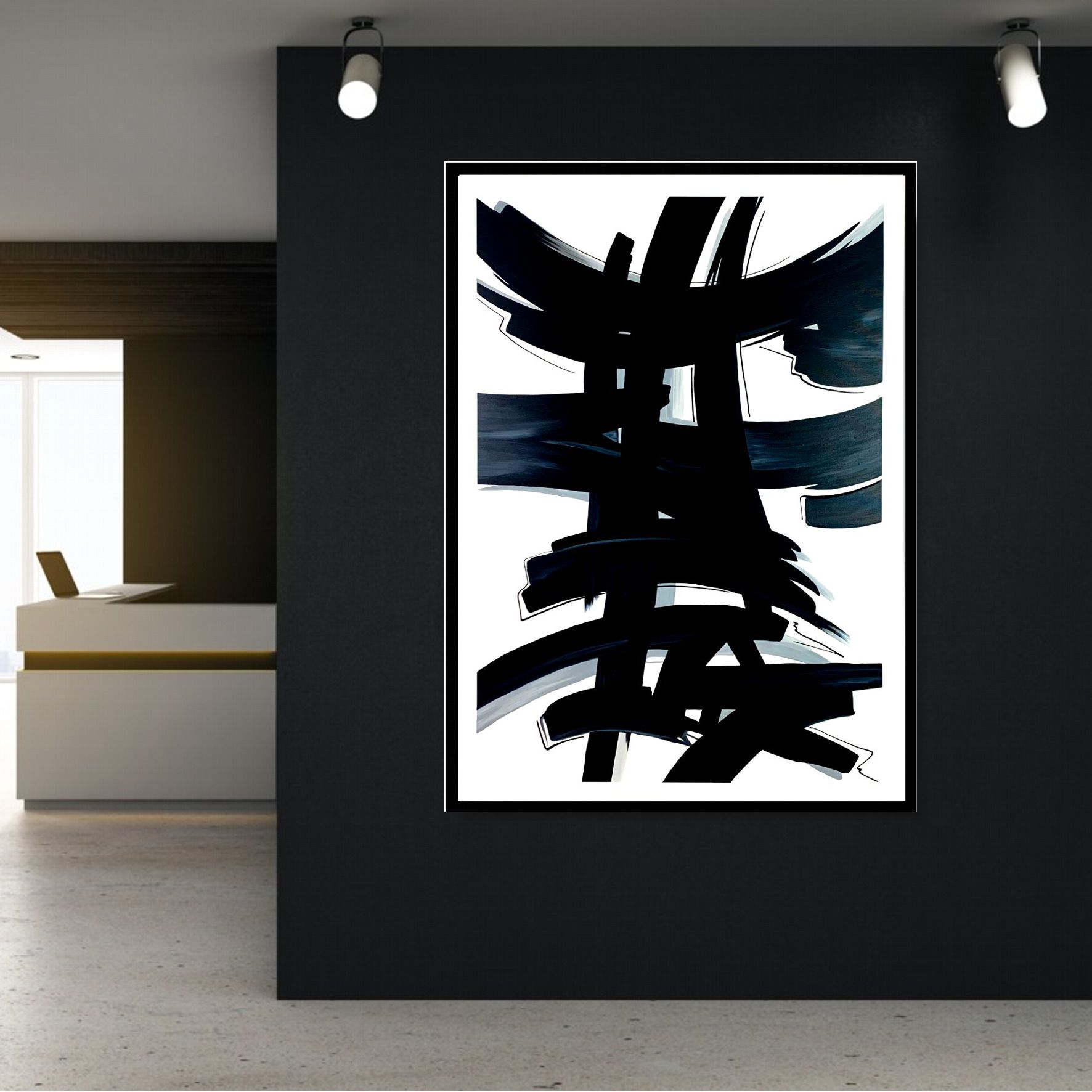 Czarno biały obraz japoński w ramie abstrakcja 1983A