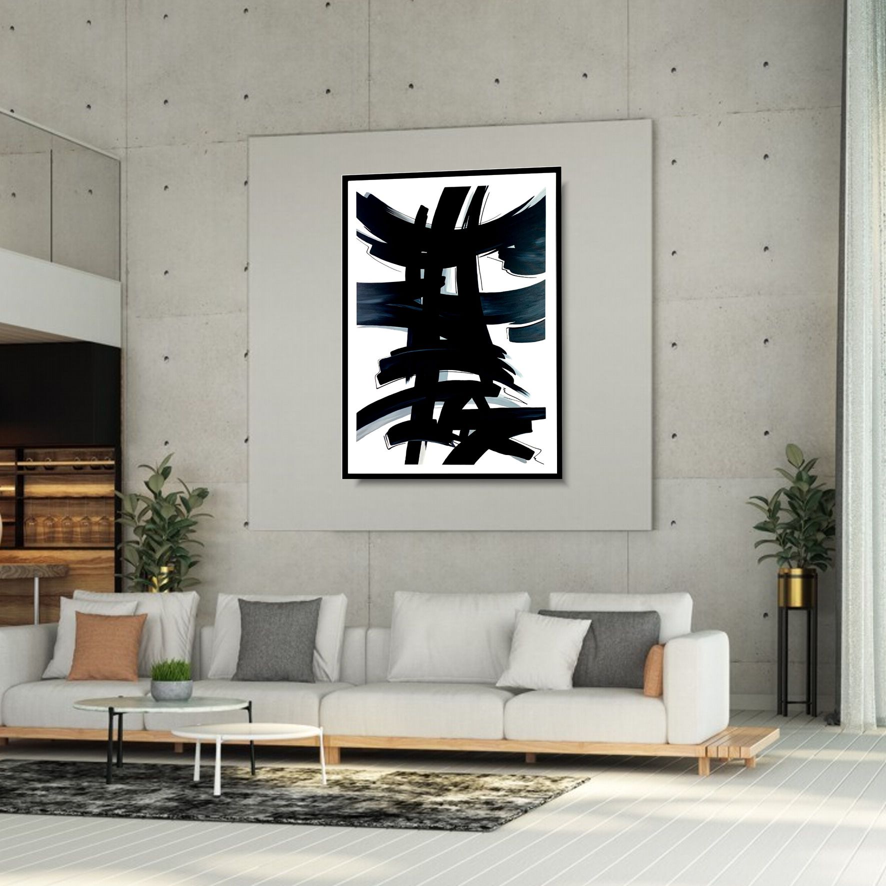 Czarno biały obraz japoński w ramie abstrakcja 1983A