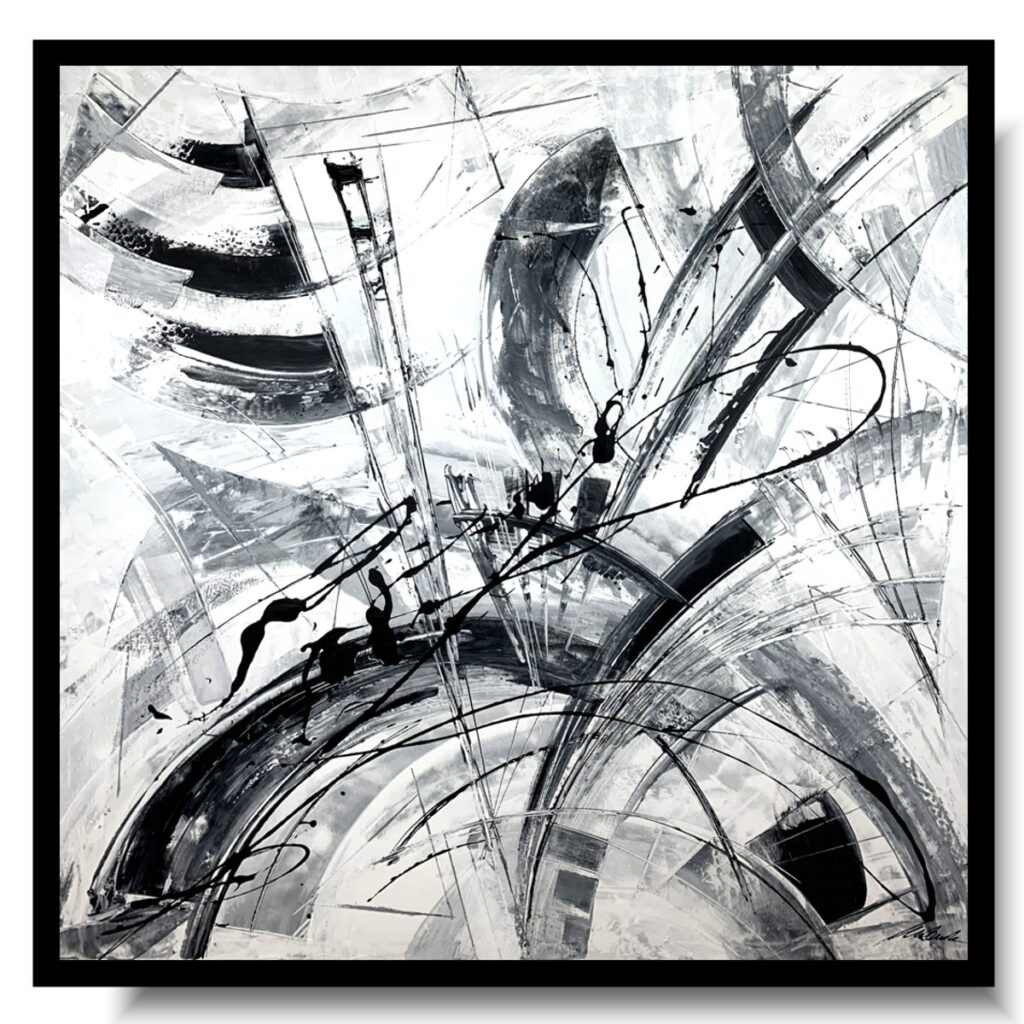 Duży obraz czarno biały w złotej ramie na płótnie 2104a