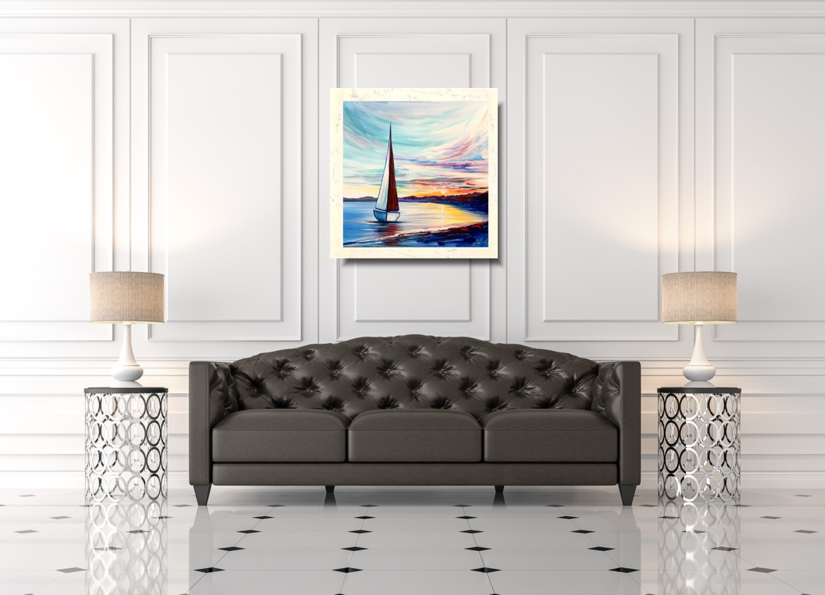 Mały obrazek z żaglówką wakacyjny rejs w białej ramie 2185A